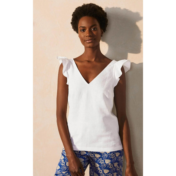 Boden | Tops | Boden Andrea White Ruffle Natural Organic Basic Linen ...